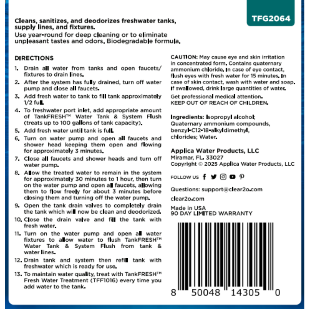 Freshens and sanitizes freshwater tanks and plumbing systems – CLEAR2O
